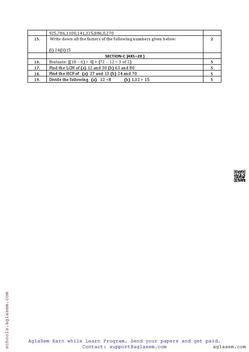 Class 6 PT 1 Question Paper Maths 2024-25 | Download Periodic Test 1 ...