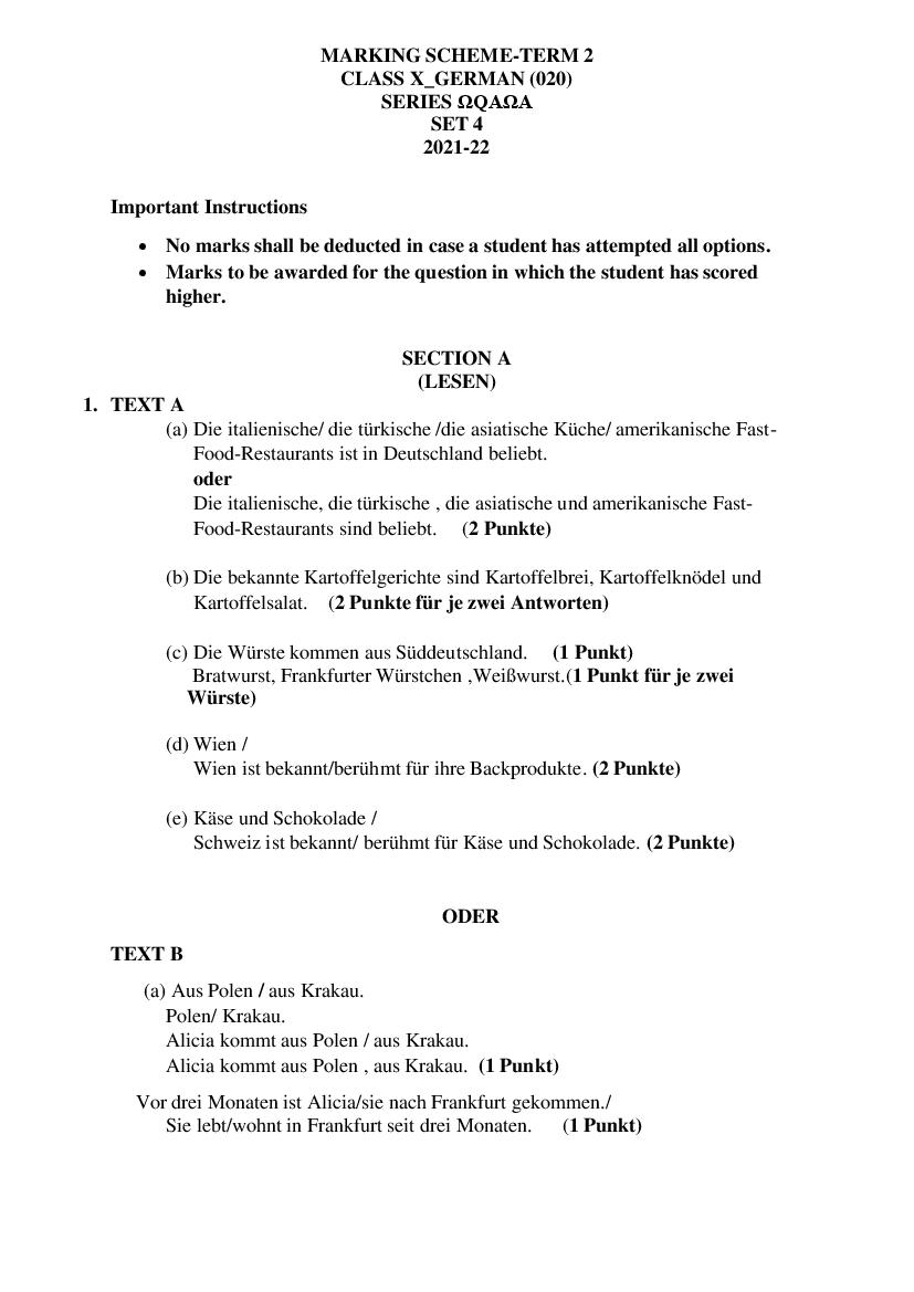 CBSE Class 10 Question Paper 2022 Solution German