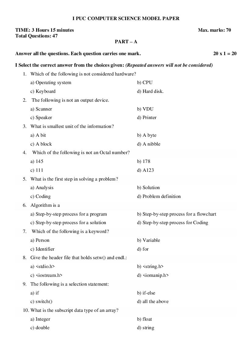 Karnataka 1st PUC Computer Science Model Question Paper 2023 PDF Karnataka 1st PUC Computer Science Model Question Paper 2023 PDF