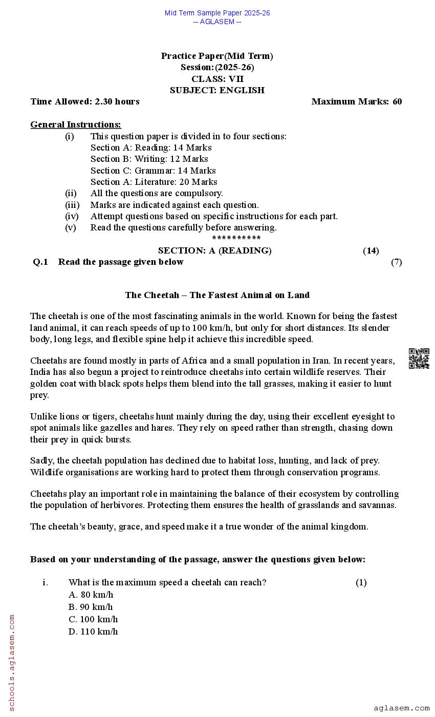 Class 7 English Mid Term Sample Paper 2025 PDF | Download PT1 / Term 1 Practice Paper - AglaSem
