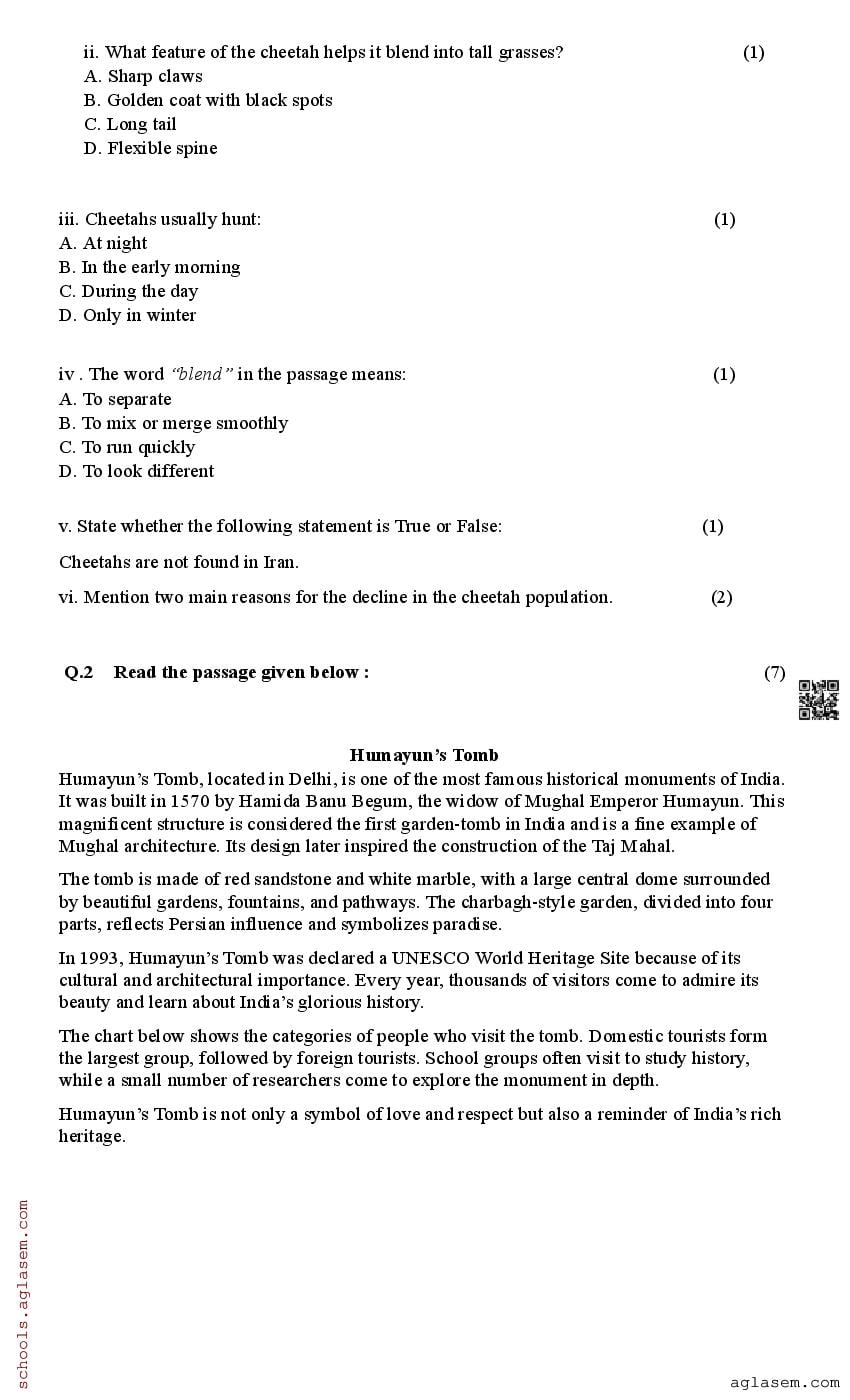 Class 7 English Mid Term Sample Paper 2025 PDF | Download PT1 / Term 1 Practice Paper - AglaSem
