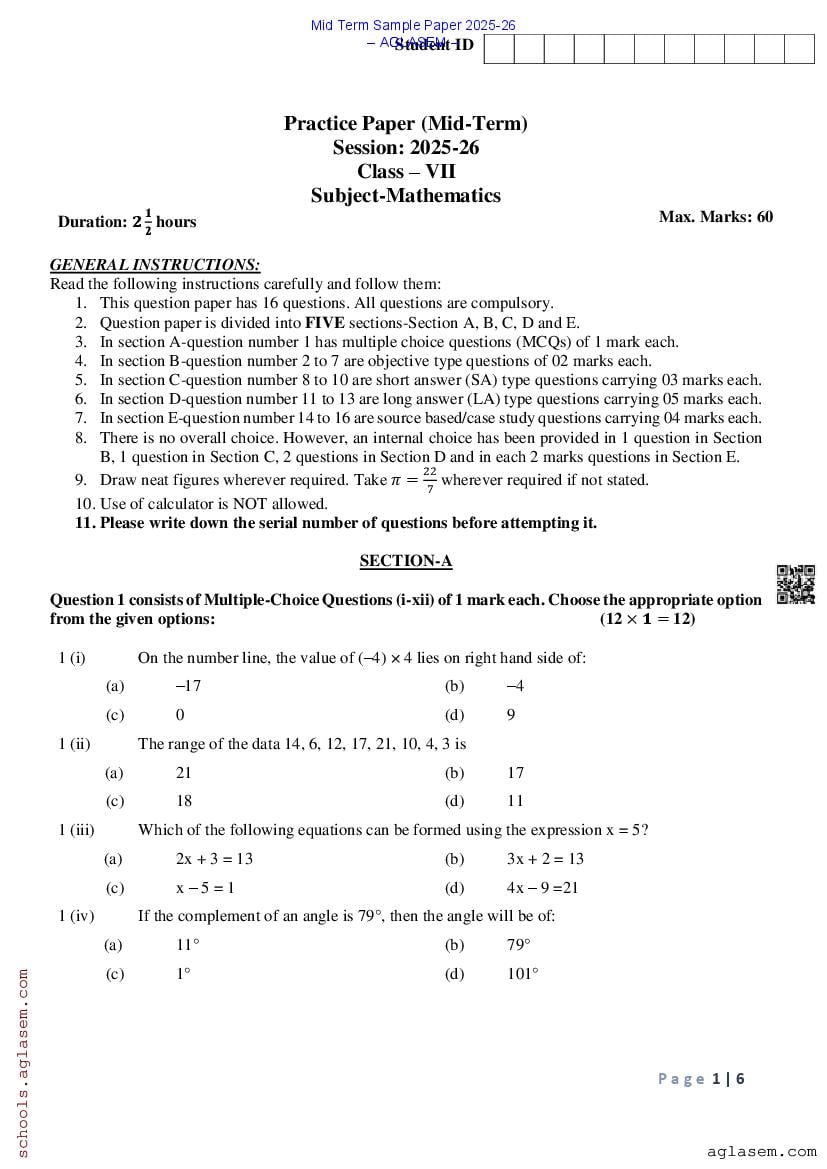 Class 7 Maths Mid Term Sample Paper 2025 PDF | Download PT1 / Term 1 Practice Paper - AglaSem