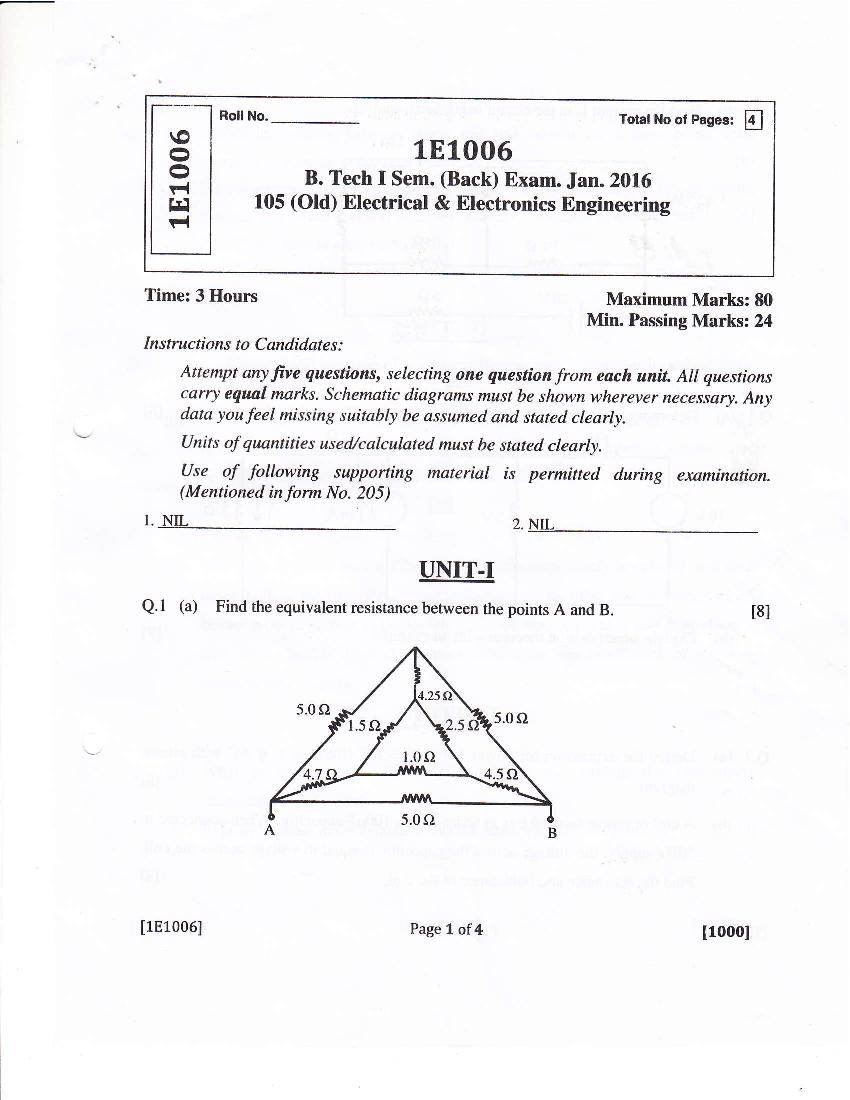 RTU 2016 Question Paper Semester I Old Electrical & Electronics Engineering