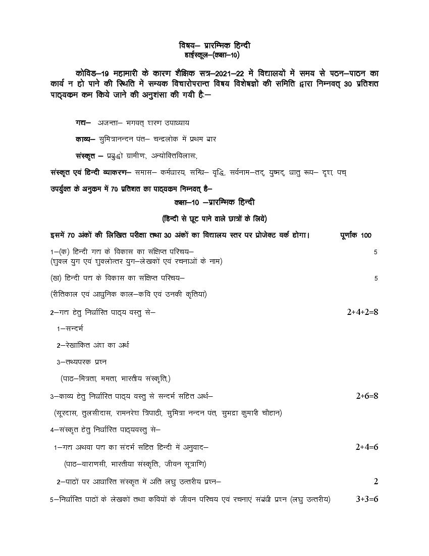 UP Board Class 10 Syllabus 2022 Elementry Hindi