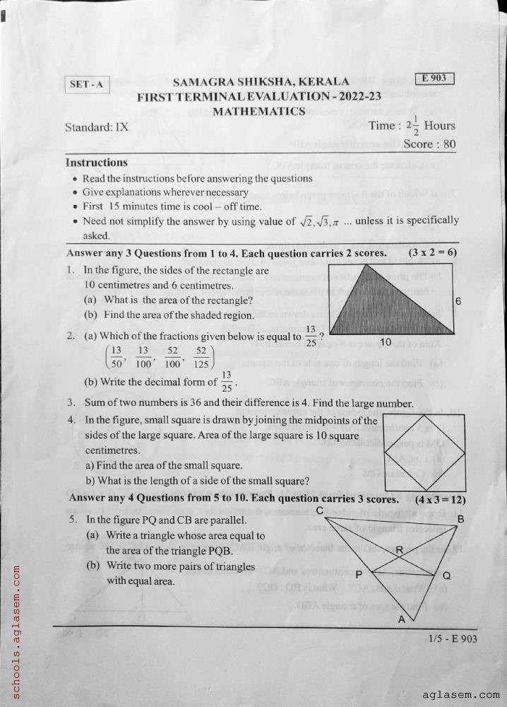 Class 9 Maths Onam Exam Question Paper 2024 PDF Kerala Std 9 First