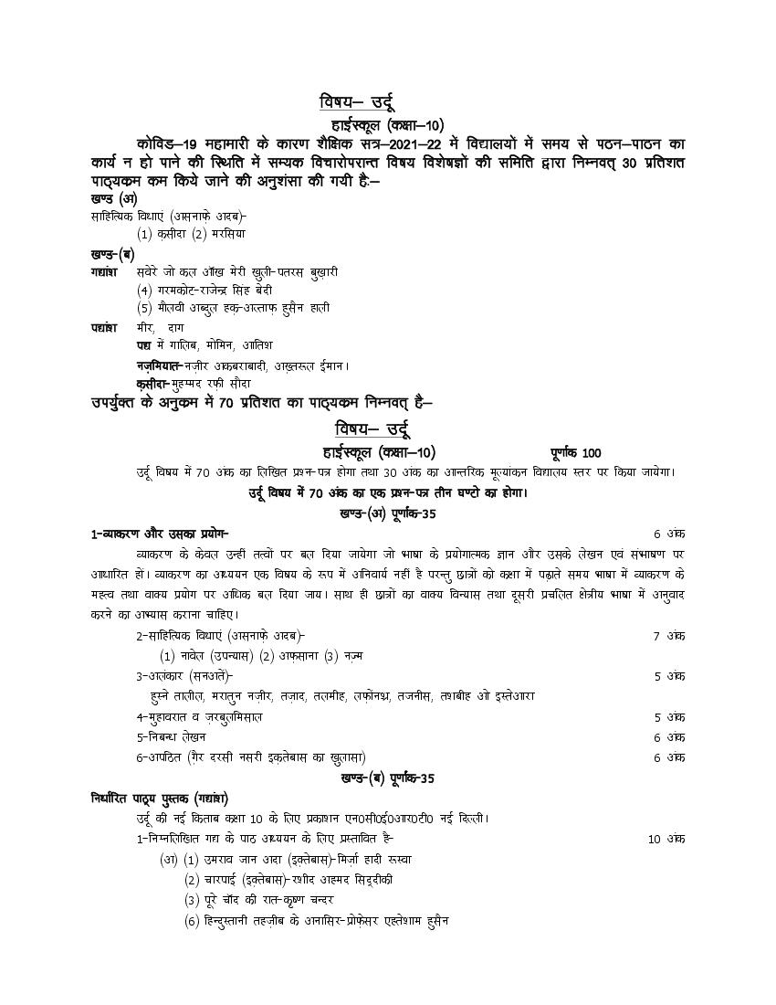UP Board Class 10 Syllabus 2022 Urdu