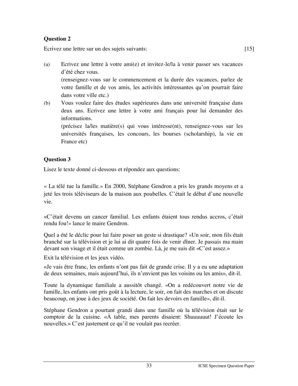 ICSE Class 10 Sample Paper 2020 -French (Group 1) | AglaSem Schools