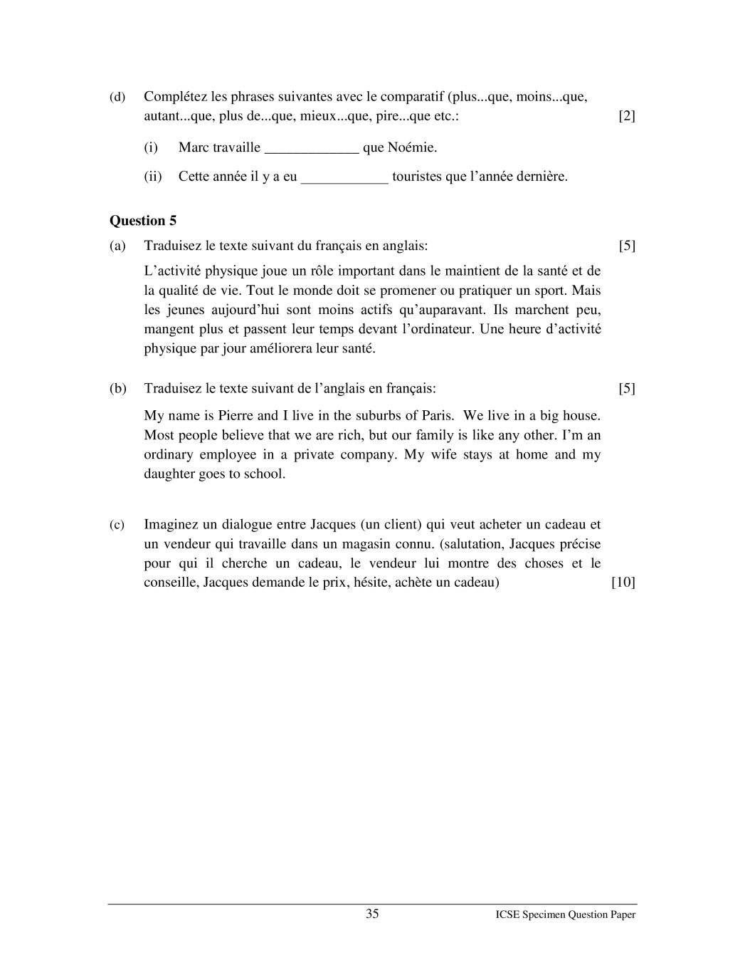ICSE Class 10 Sample Paper 2020 -French (Group 1) | AglaSem Schools