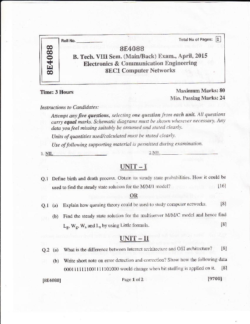 RTU 2015 Question Paper Semester VIII Computer Science and Engineering Computer Networks