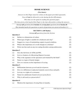 ICSE Class 10 Sample Paper 2017 Home Science