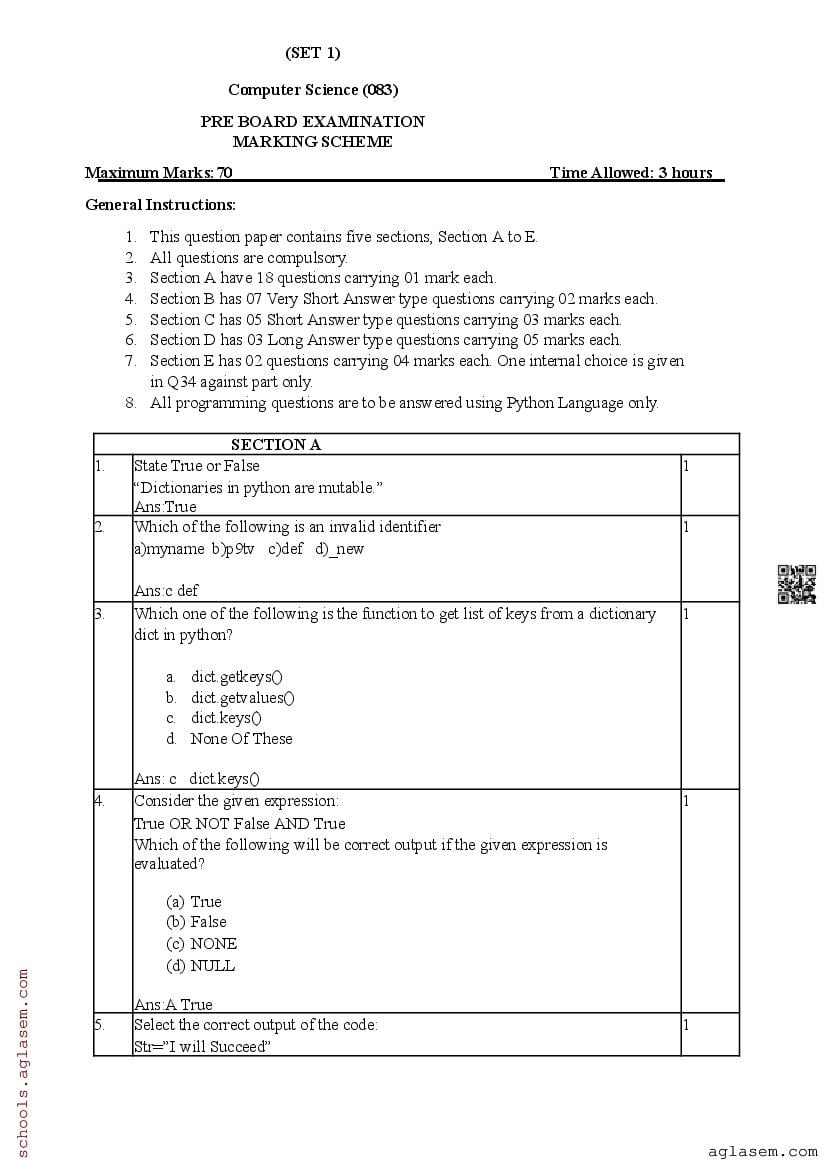 Class 12 Computer Science Pre Board Question Paper 2025 | Download Pre-Board PYQP PDF - AglaSem
