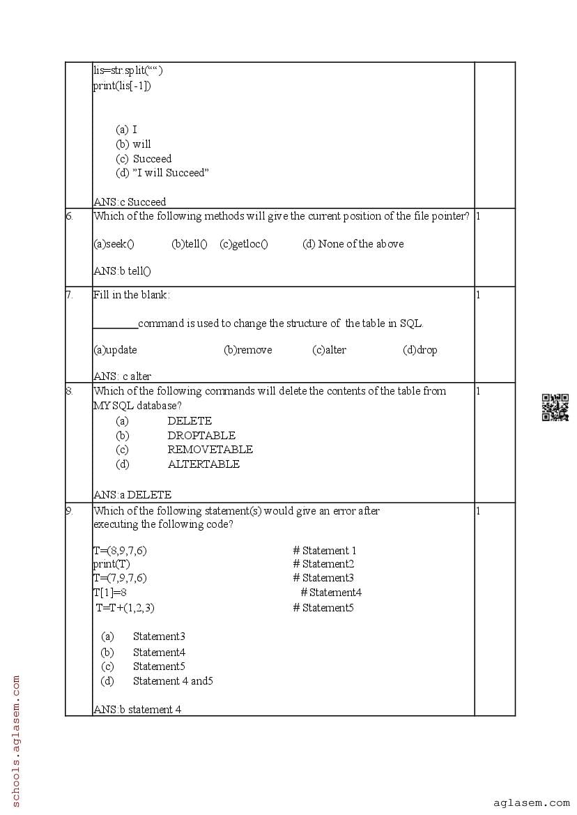 Class 12 Computer Science Pre Board Question Paper 2025 | Download Pre-Board PYQP PDF - AglaSem