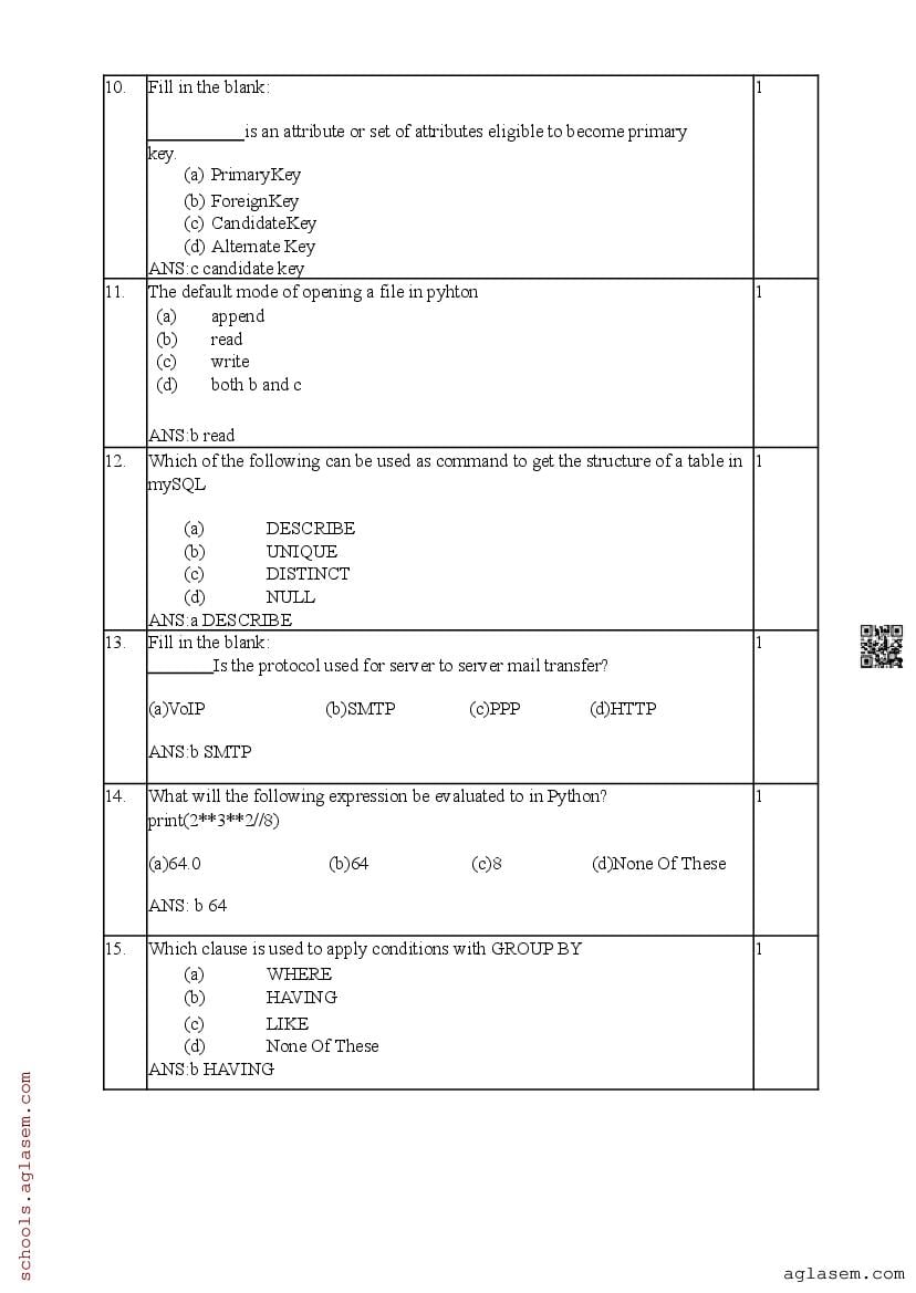 Class 12 Computer Science Pre Board Question Paper 2025 | Download Pre-Board PYQP PDF - AglaSem