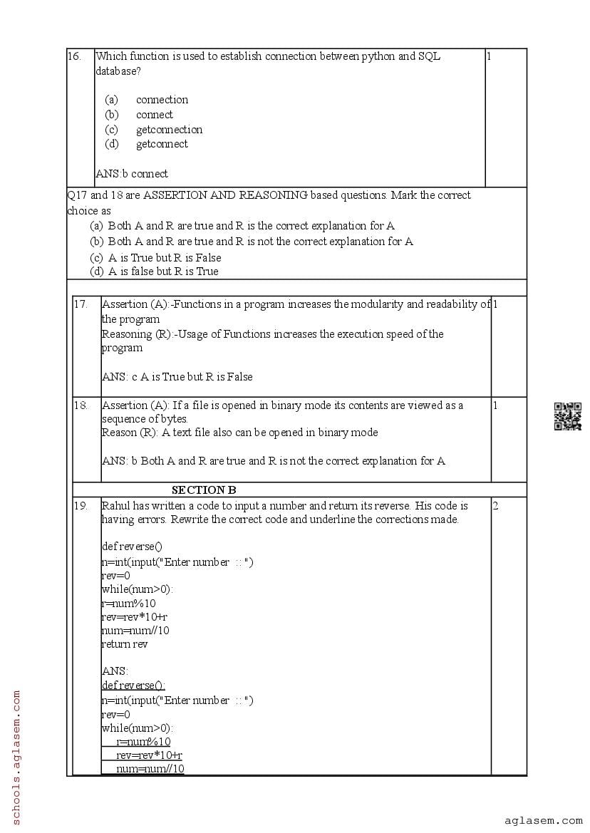 Class 12 Computer Science Pre Board Question Paper 2025 | Download Pre-Board PYQP PDF - AglaSem