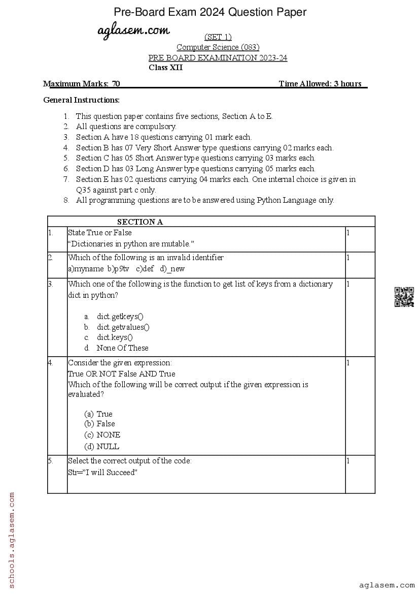 Class 12 Computer Science Pre Board Question Paper 2025 | Download Pre-Board PYQP PDF - AglaSem