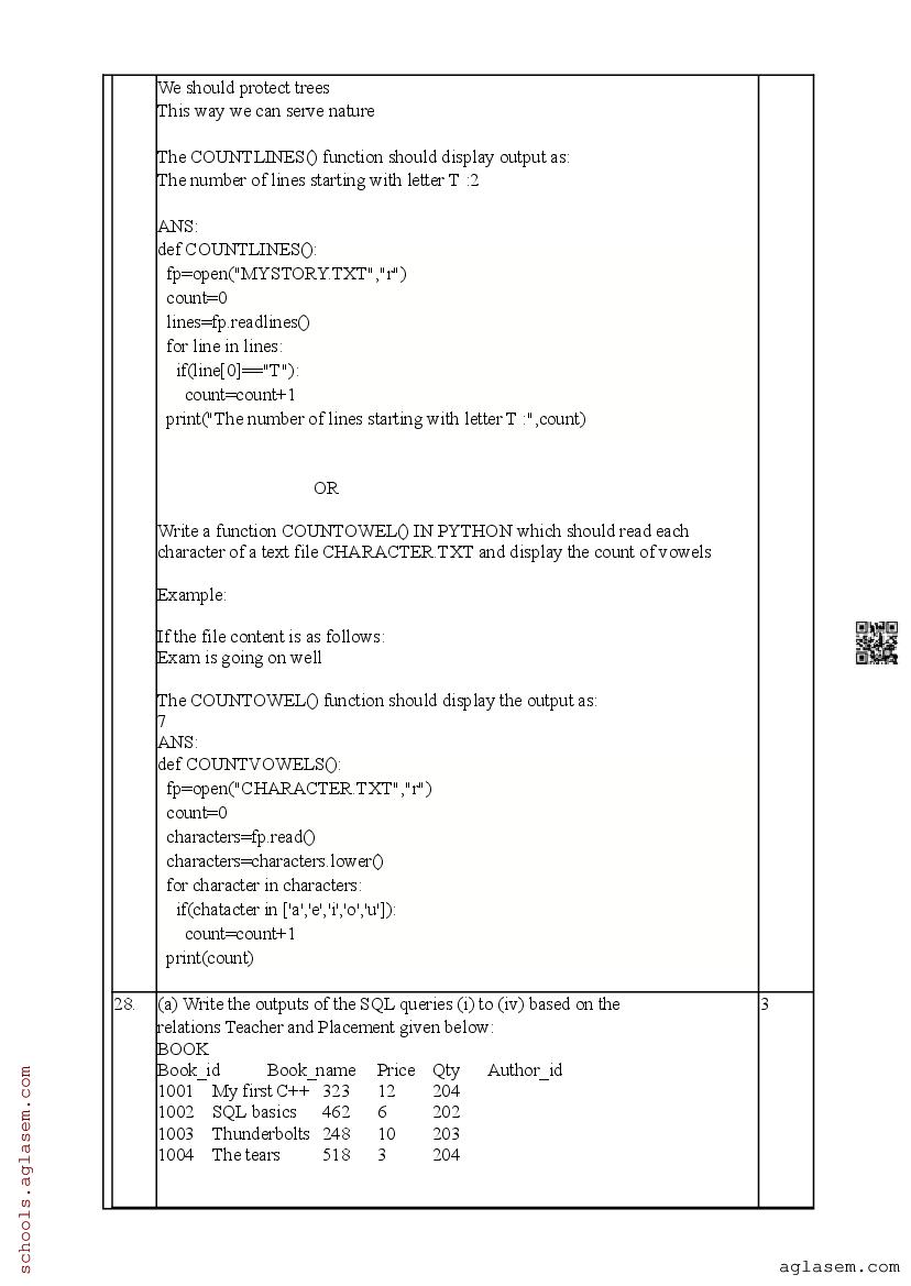 Class 12 Computer Science Pre Board Question Paper 2025 | Download Pre-Board PYQP PDF - AglaSem