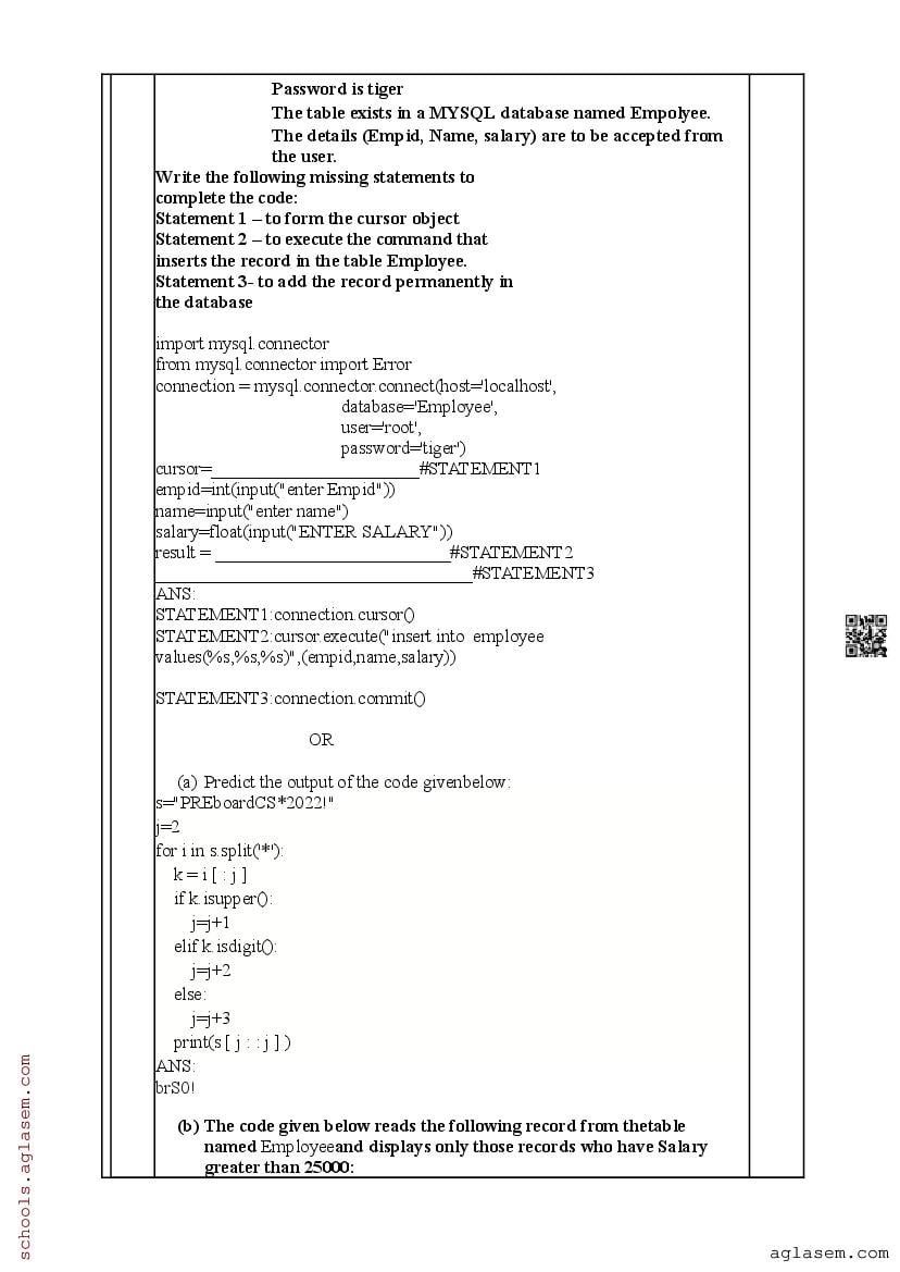 Class 12 Computer Science Pre Board Question Paper 2025 | Download Pre-Board PYQP PDF - AglaSem