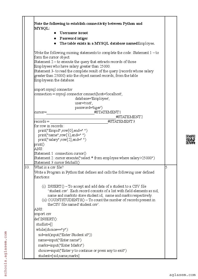Class 12 Computer Science Pre Board Question Paper 2025 | Download Pre-Board PYQP PDF - AglaSem