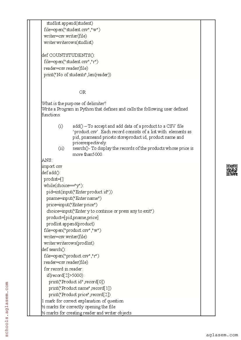 Class 12 Computer Science Pre Board Question Paper 2025 | Download Pre-Board PYQP PDF - AglaSem
