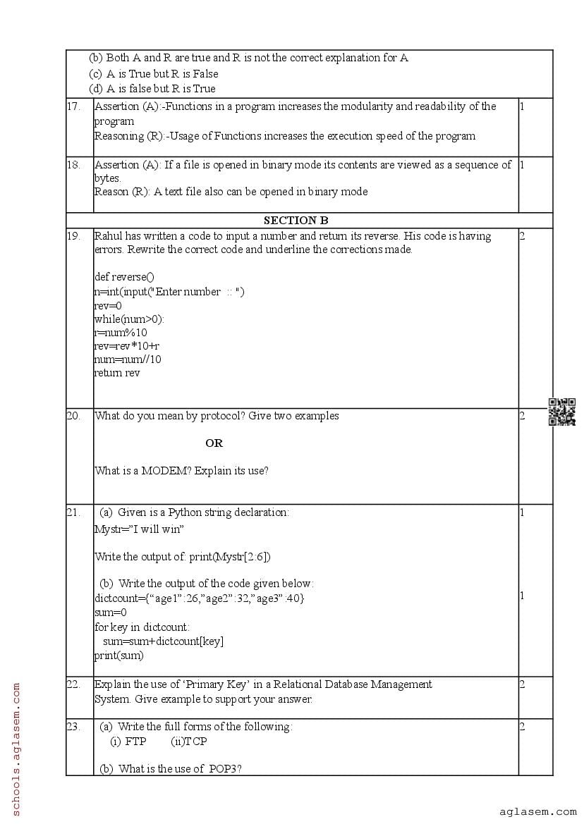 Class 12 Computer Science Pre Board Question Paper 2025 | Download Pre-Board PYQP PDF - AglaSem