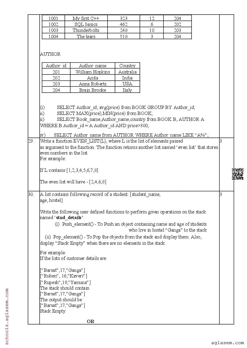 Class 12 Computer Science Pre Board Question Paper 2025 | Download Pre-Board PYQP PDF - AglaSem
