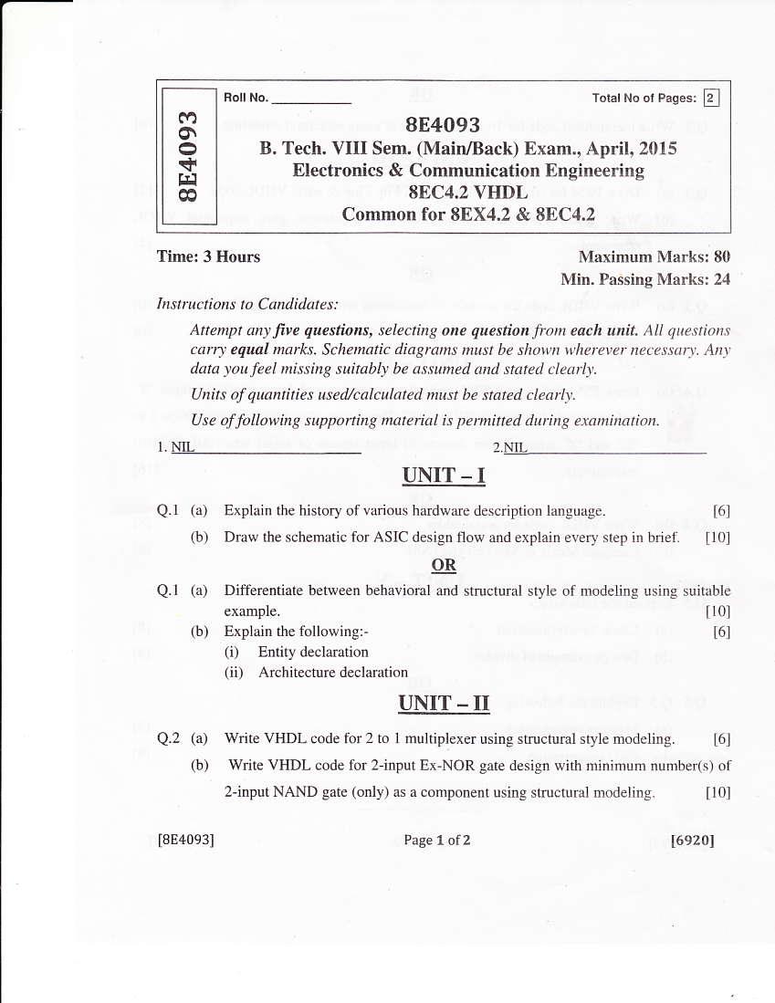 RTU 2015 Question Paper Semester VIII Electronics and Communication Engineering VHDL