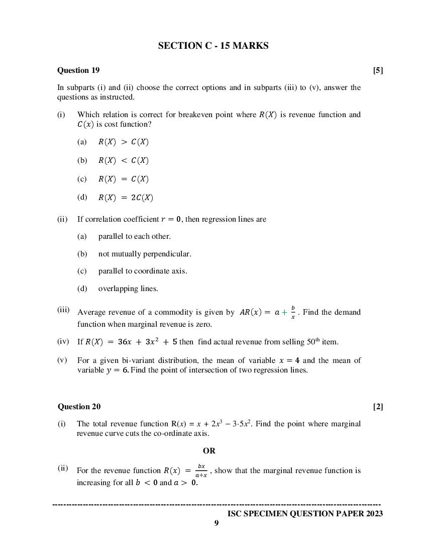 ISC Maths Specimen Paper 2023 PDF CISCE Class 12 Maths Sample Paper