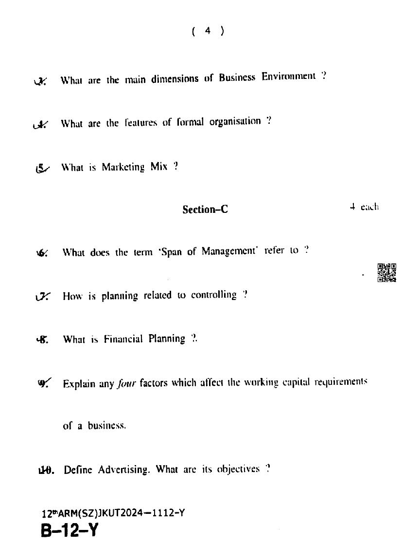 JKBOSE Class 12th Business Studies Question Paper (PDF) - 2024, 2023 ...