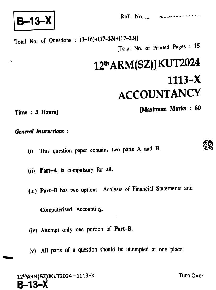 JKBOSE Class 12th Accountancy Question Paper (PDF) - 2024, 2023, 2022 ...