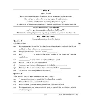 ICSE Class 10 Sample Paper 2017 Yoga