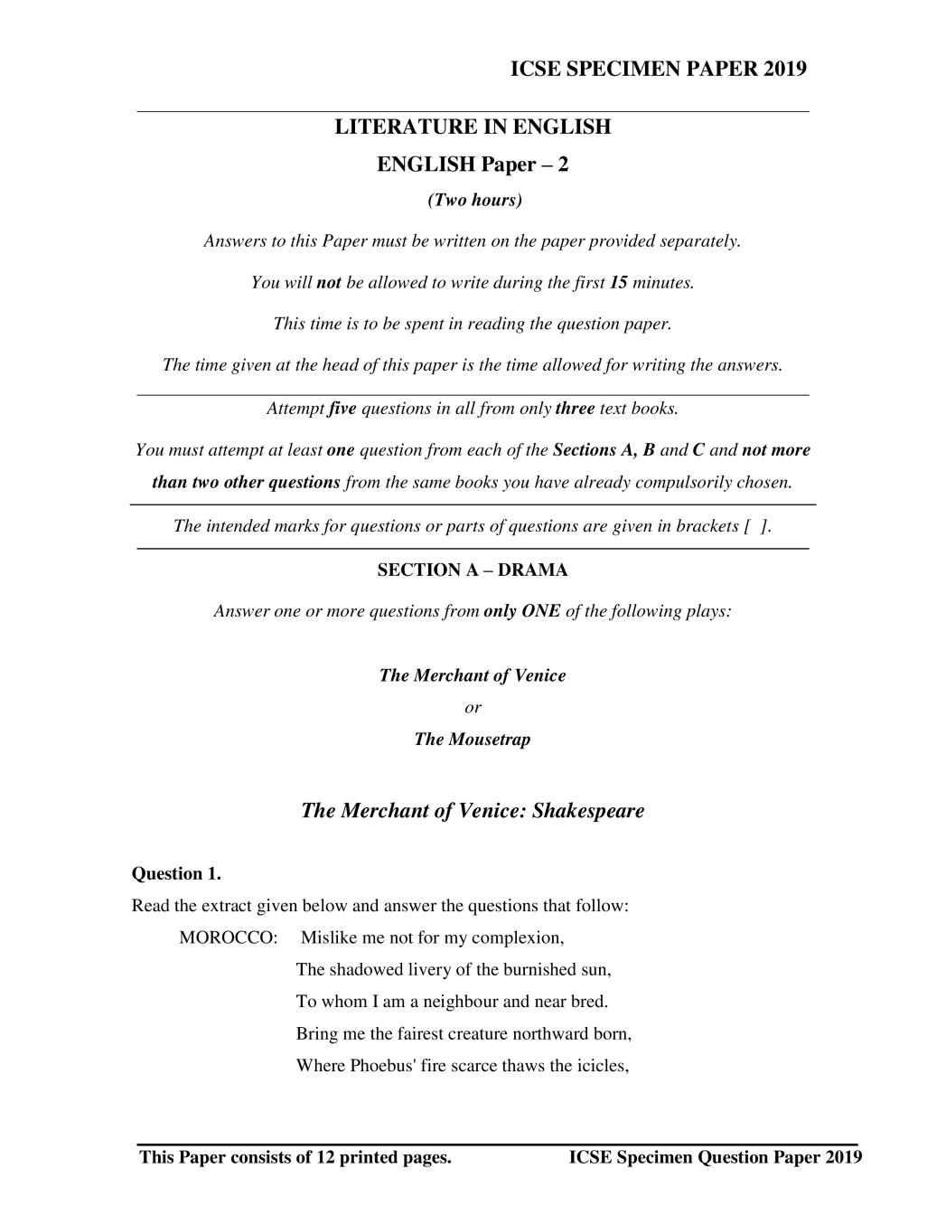 ICSE Class 10 Question Paper 2019 For Literature In English Paper 2 ICSE Class 10 Question Paper 2019 For Literature In English Paper 2