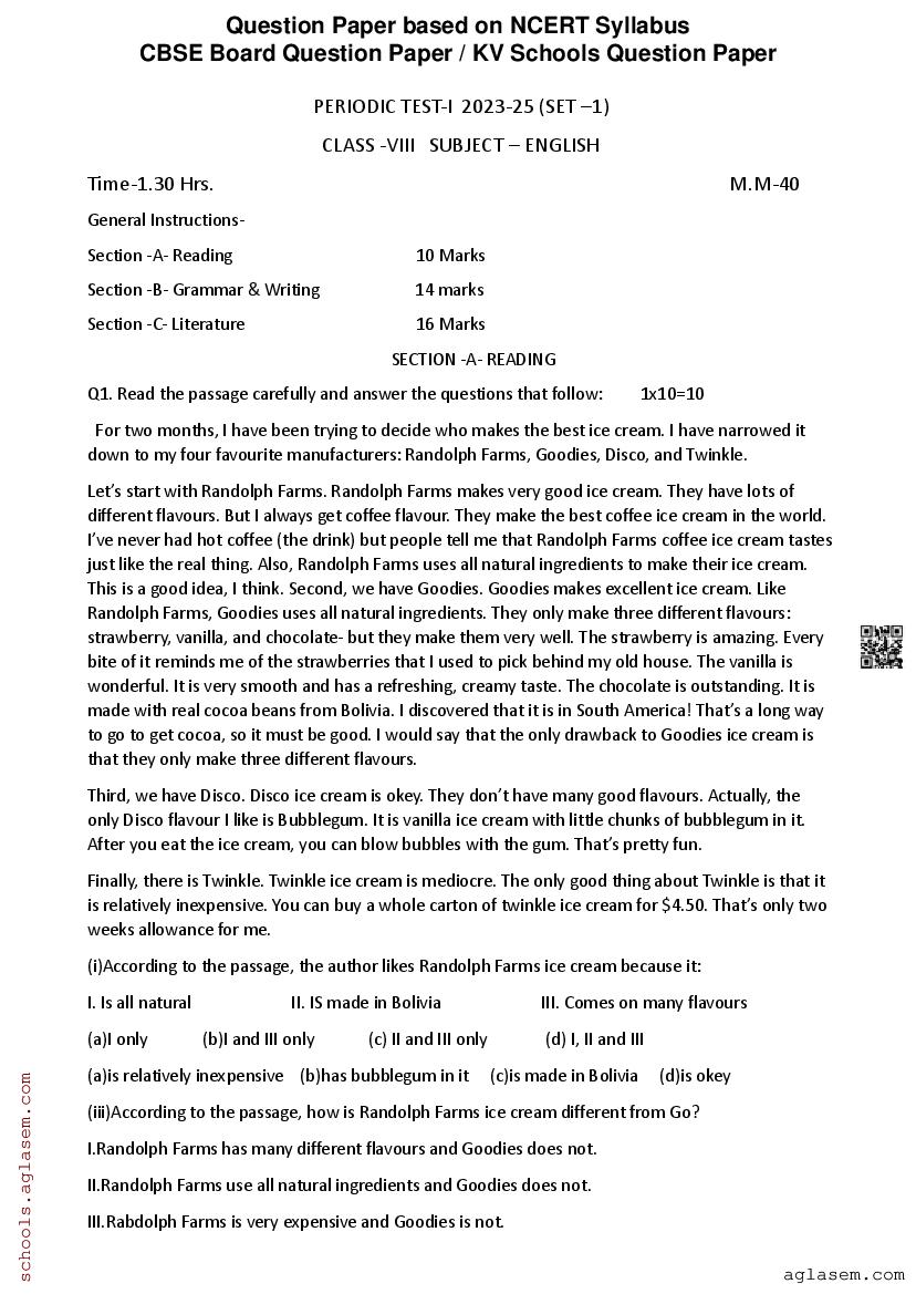 Class 8 PT 1 Question Paper English 2024-25 | Download Periodic Test 1 ...