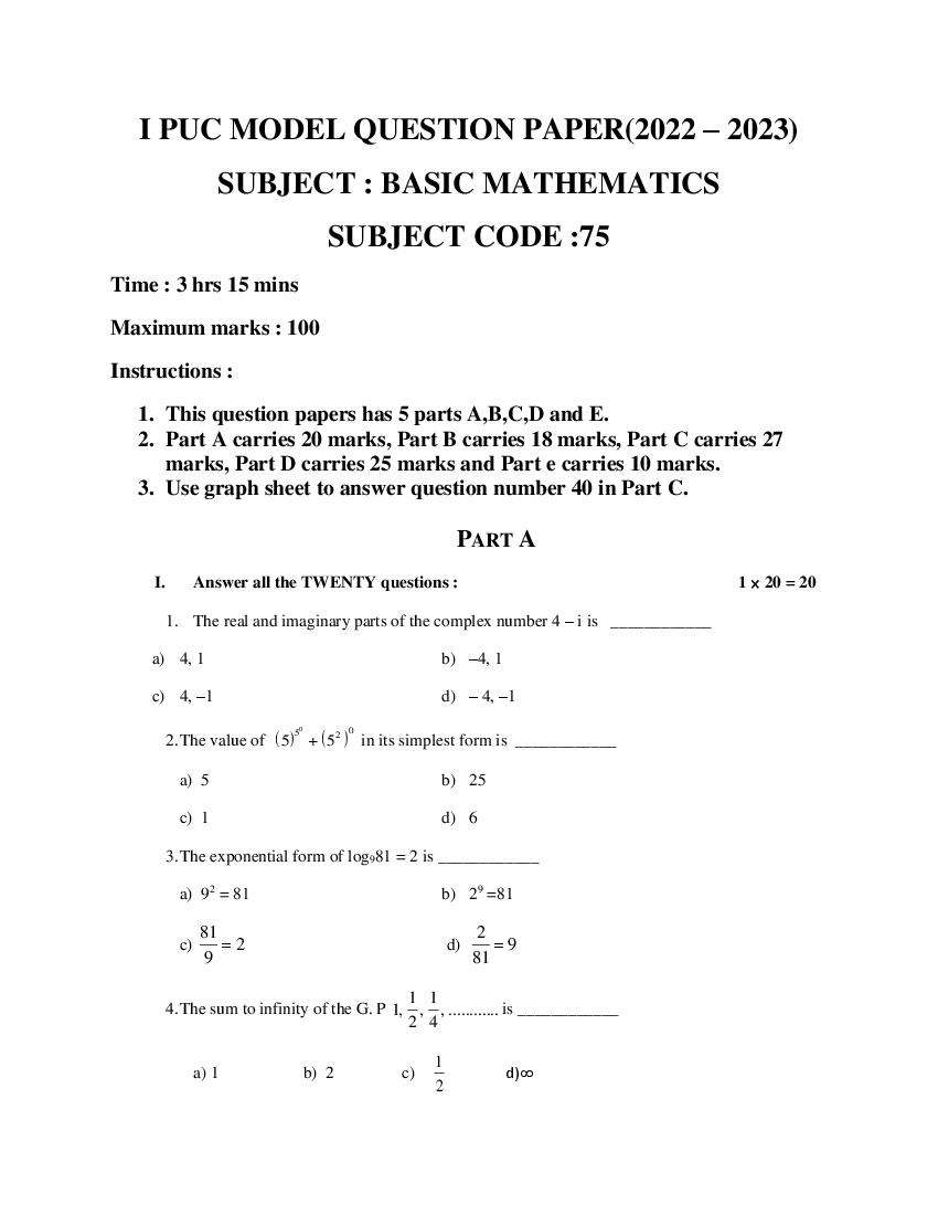 Karnataka 1st PUC Basic Maths Model Question Paper 2023 PDF Karnataka 1st PUC Basic Maths Model Question Paper 2023 PDF