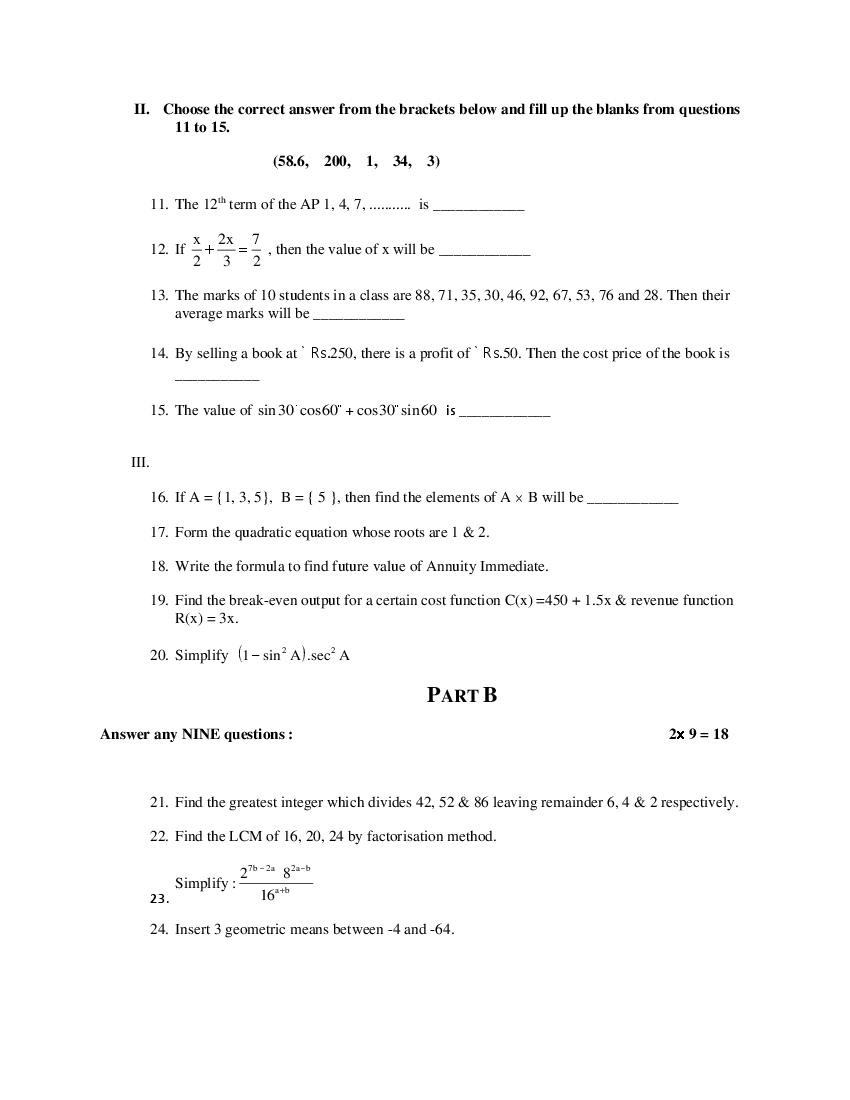 Karnataka 1st PUC Basic Maths Model Question Paper 2023 PDF Karnataka 1st PUC Basic Maths Model Question Paper 2023 PDF