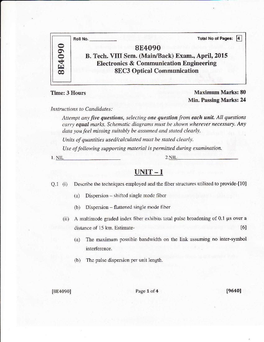 RTU 2015 Question Paper Semester VIII Electronics and Communication Engineering Optical ...