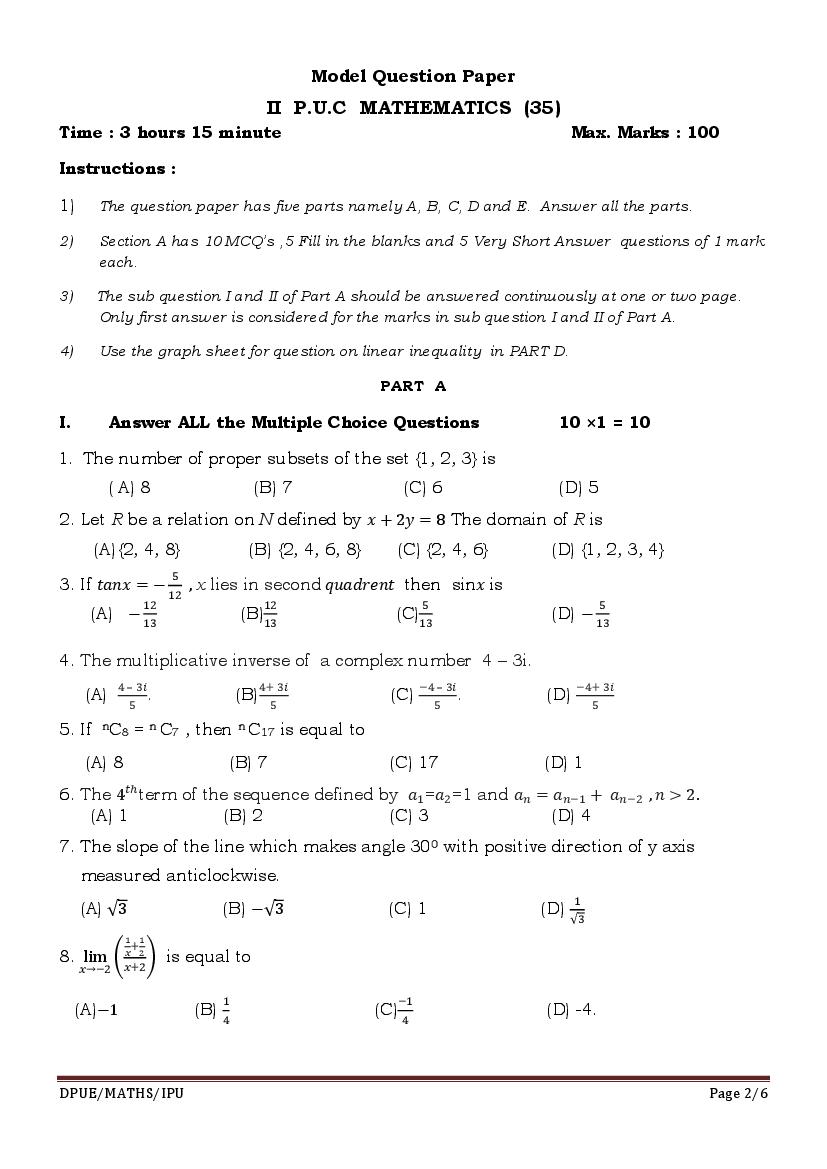 Karnataka 1st PUC Maths Model Paper 2024 PDF NCERT Expert Karnataka 1st PUC Maths Model Paper 2024 PDF NCERT Expert