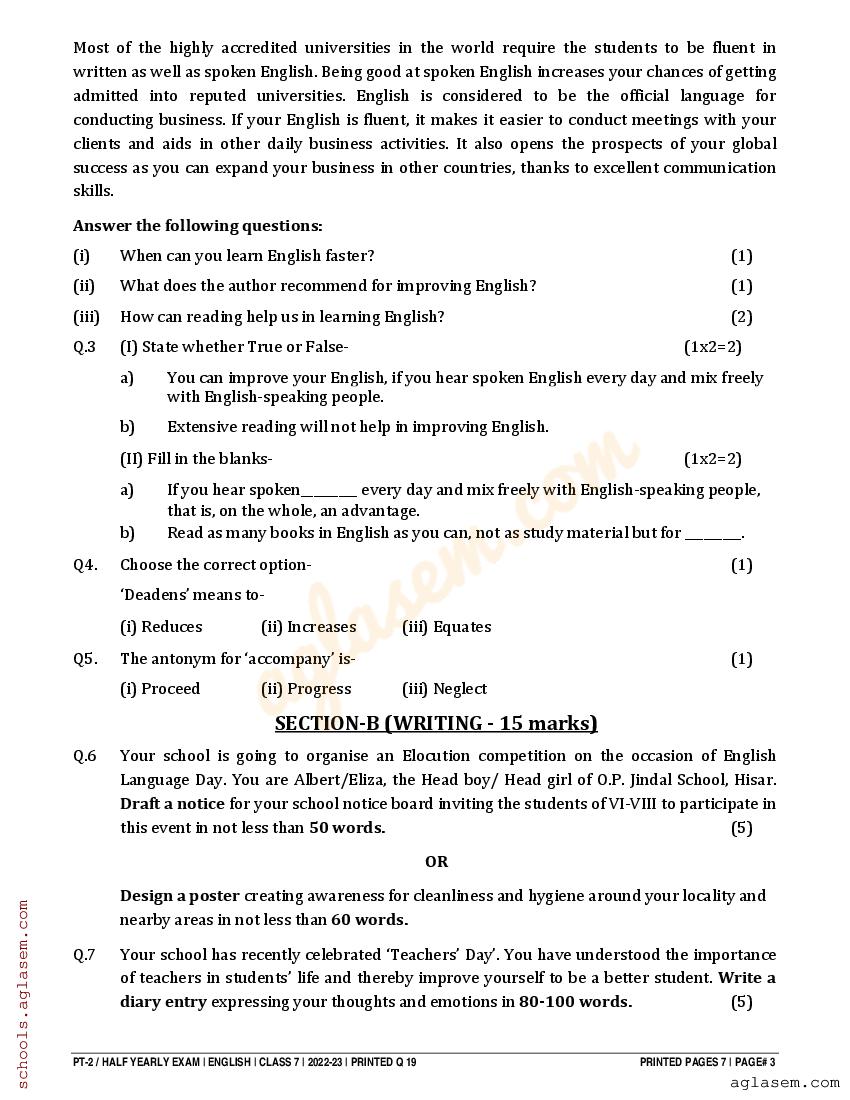 Class 7 English Half Yearly Question Paper 2024 Download 7th Half