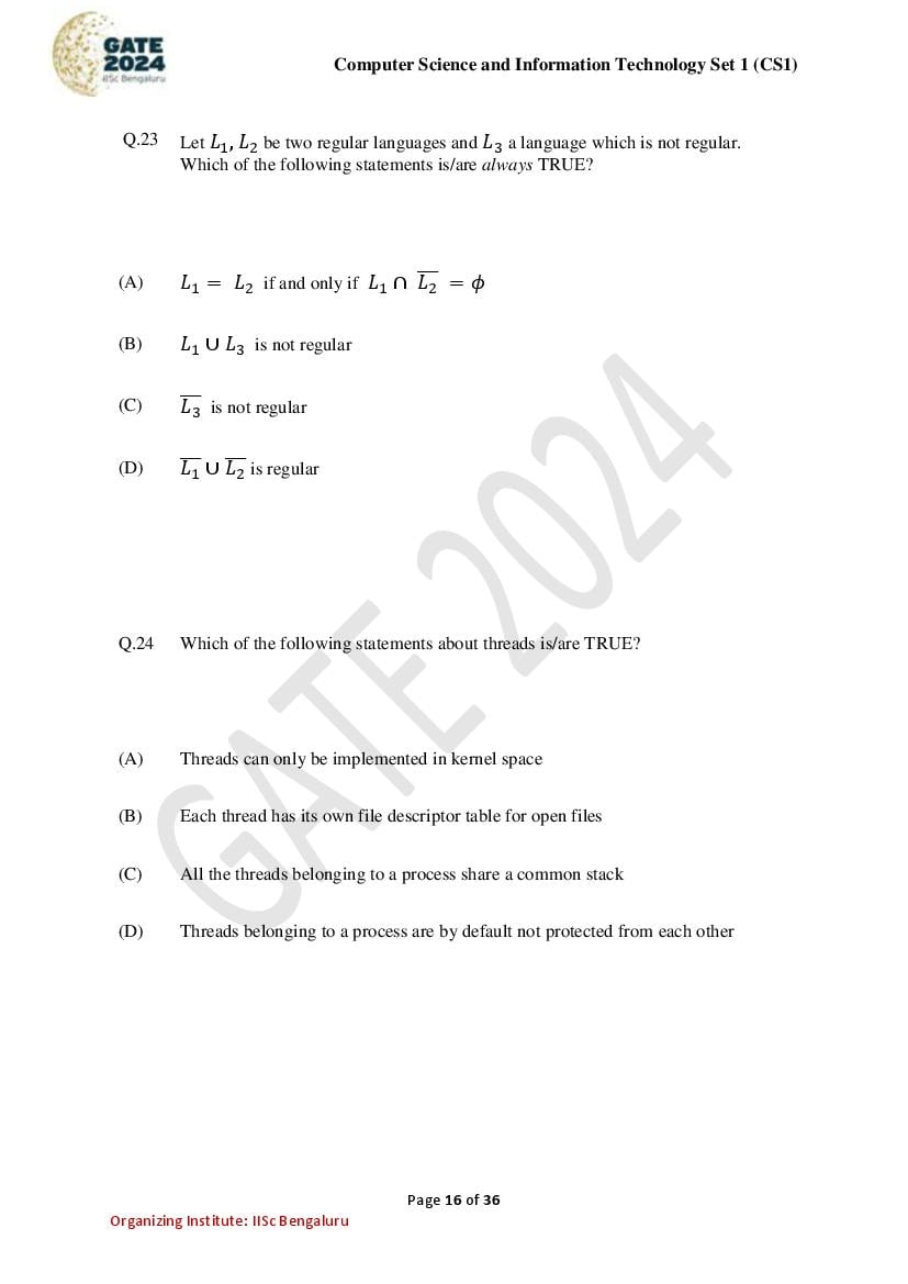 GATE 2024 Question Paper with Answers: PDF Download Now - AglaSem Admission
