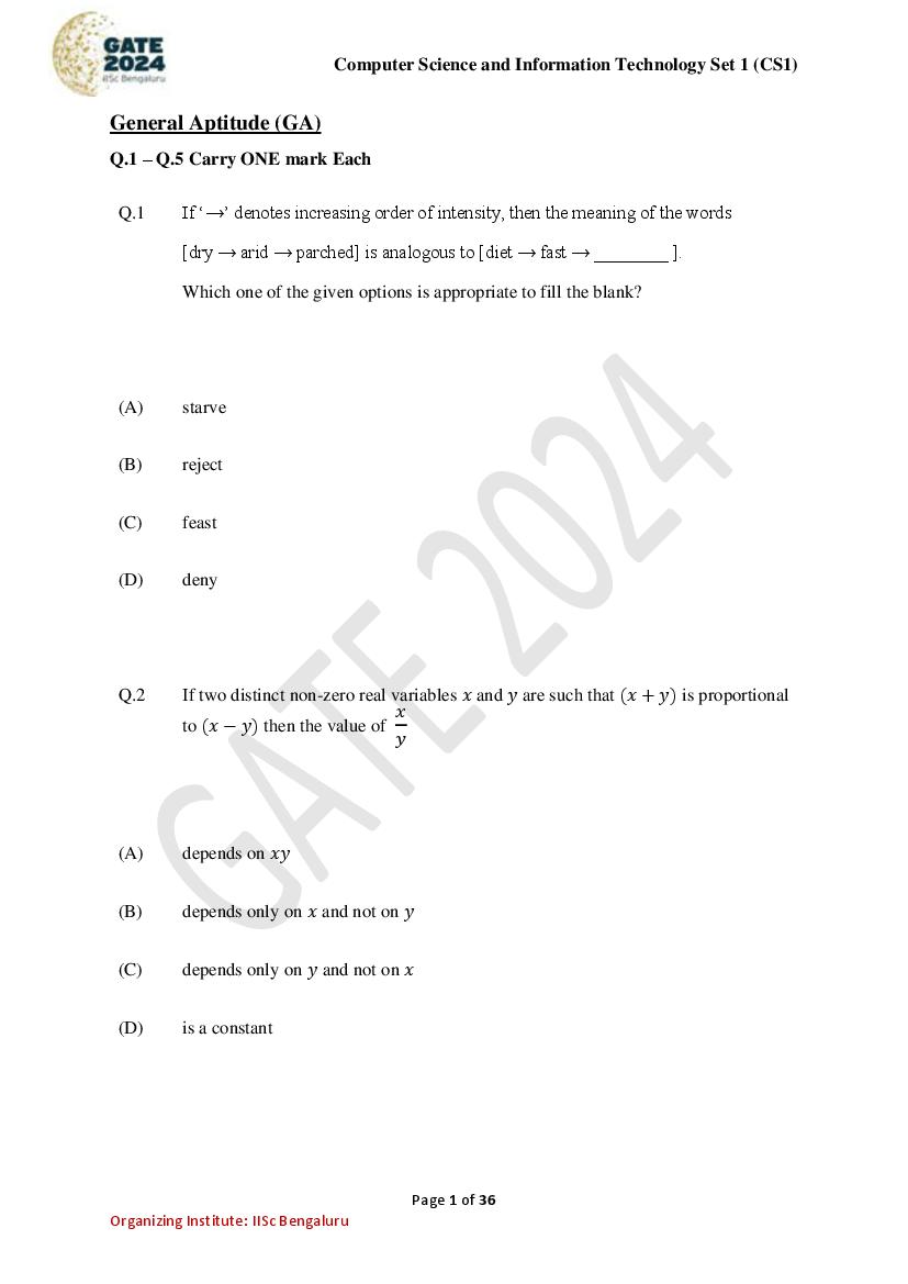 GATE 2024 Question Paper with Answers: PDF Download Now - AglaSem Admission