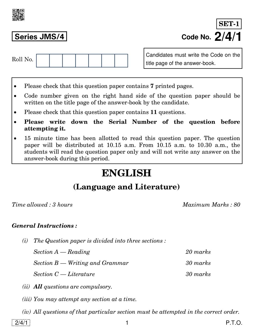 CBSE Class 10 English Language And Literature Question Paper 2019 Set 4 CBSE Class 10 English Language And Literature Question Paper 2019 Set 4