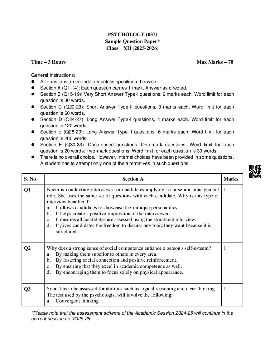 CBSE Class 12 Psychology Sample Paper 2026 (Solved) PDF Download - AglaSem