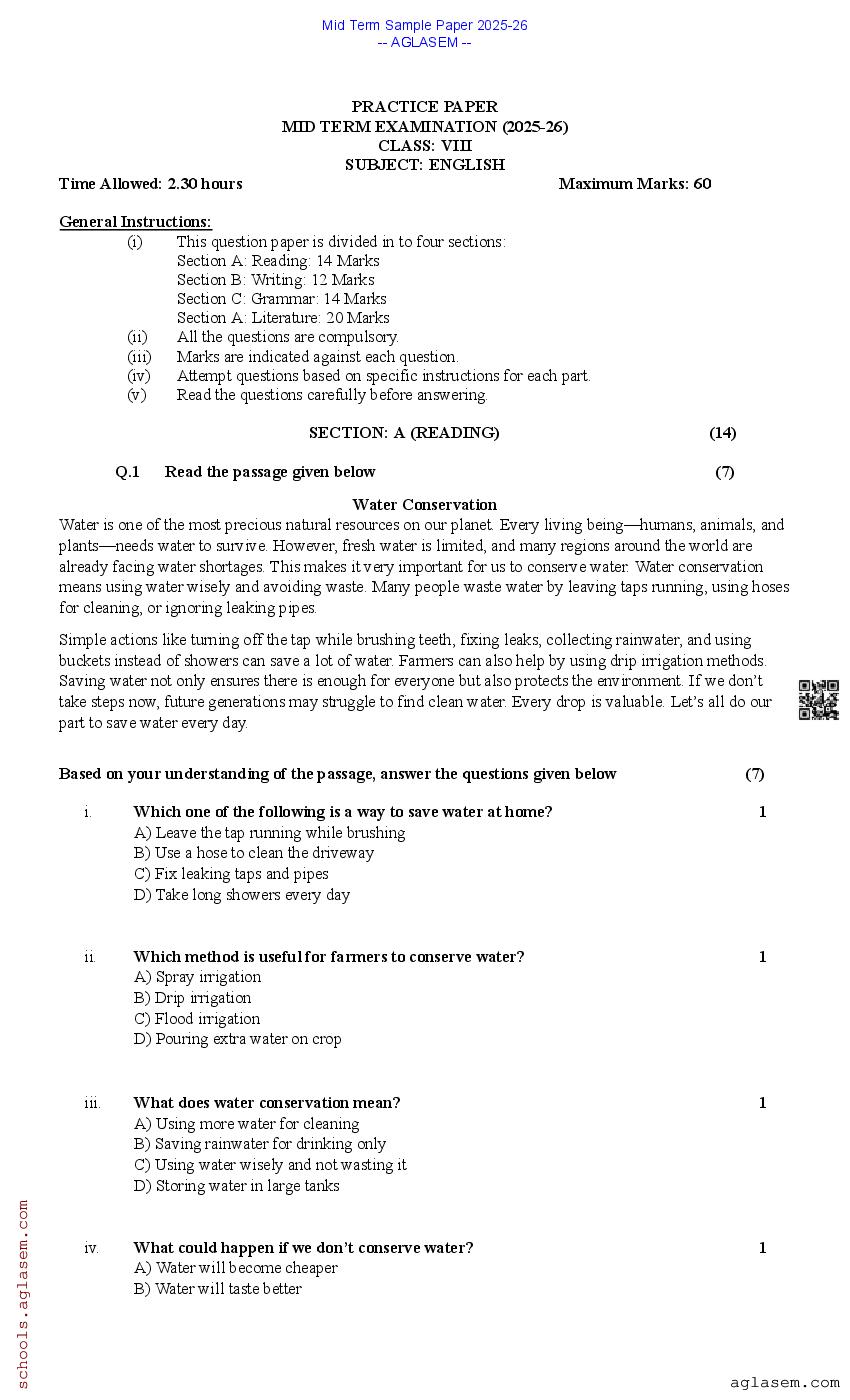 Class 8 English Mid Term Sample Paper 2025 PDF | Download PT1 / Term 1 ...