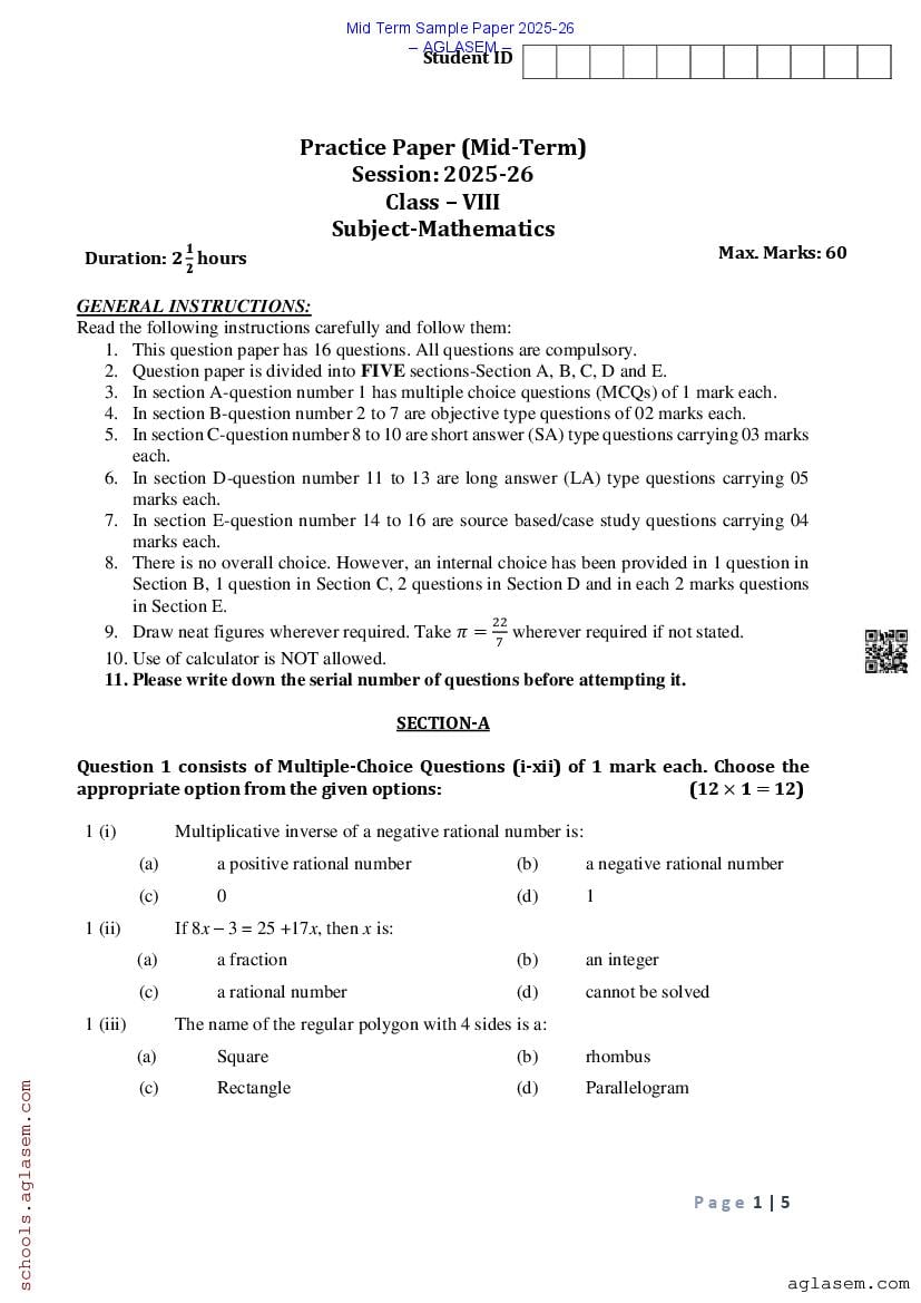 Class 8 Maths Mid Term Sample Paper 2025 PDF | Download PT1 / Term 1 Practice Paper - AglaSem