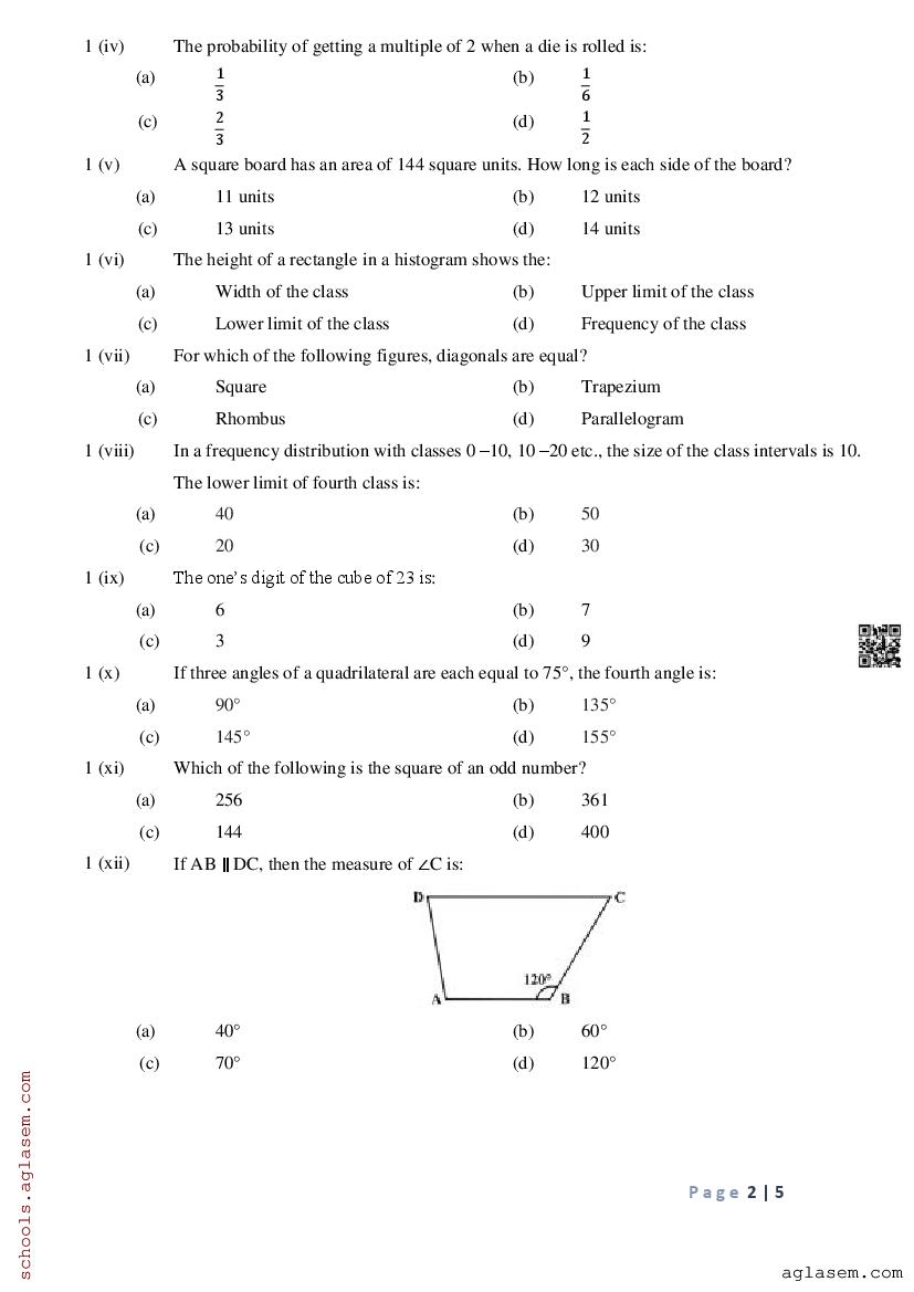 Class 8 Maths Mid Term Sample Paper 2025 PDF | Download PT1 / Term 1 Practice Paper - AglaSem