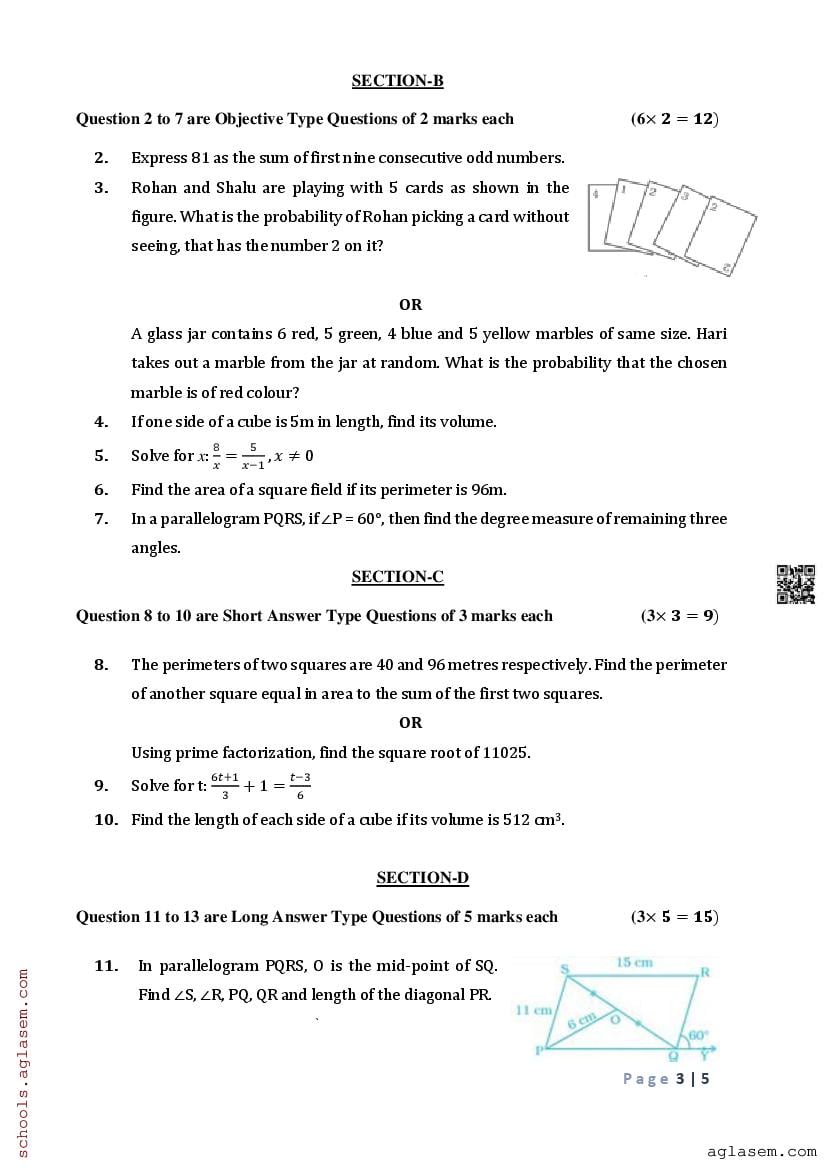 Class 8 Maths Mid Term Sample Paper 2025 PDF | Download PT1 / Term 1 Practice Paper - AglaSem