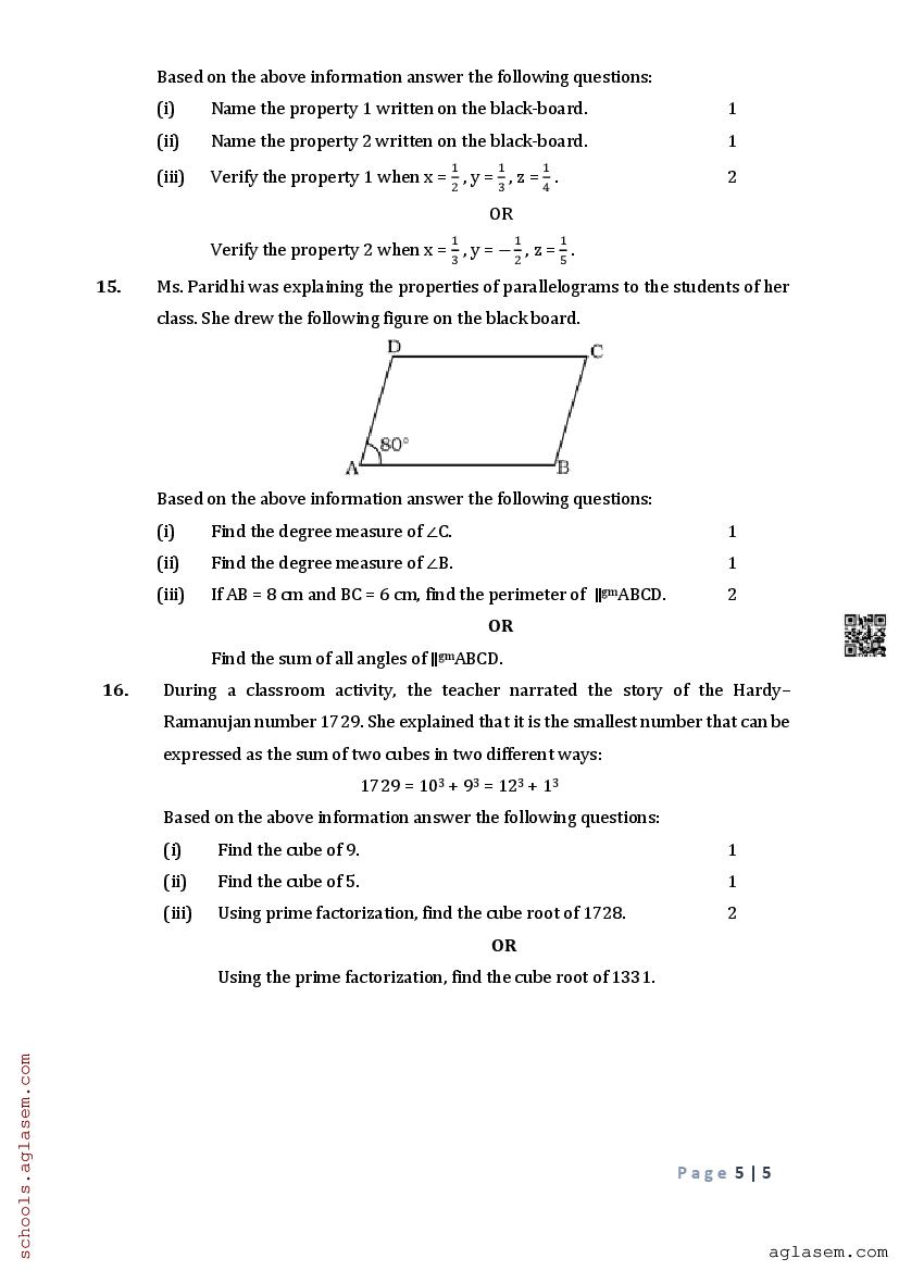 Class 8 Maths Mid Term Sample Paper 2025 PDF | Download PT1 / Term 1 Practice Paper - AglaSem