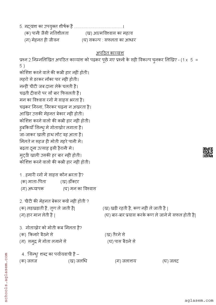 Class 8 Hindi Question Paper 2024 (PDF) - Download 8th Annual Exam Hindi Question Paper - AglaSem
