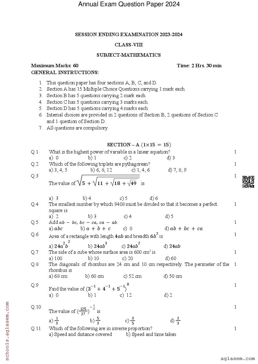 Class 8 Maths Question Paper 2024 (PDF) - Download 8th Annual Exam Maths Question Paper - AglaSem