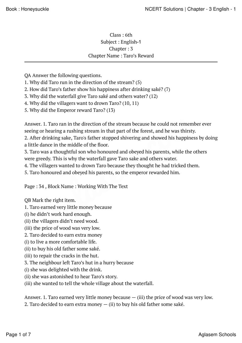 NCERT Solutions Class 6 English HoneySuckle Unit 3 Taro s Reward