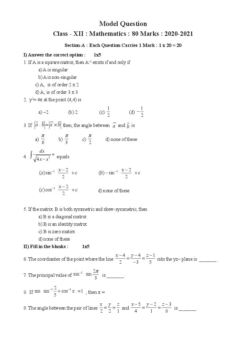 TBSE Class 12 Model Question Paper 2021 for Maths – Download Sample ...